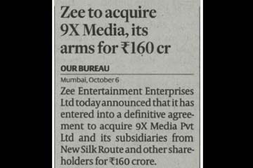 The Hindu Business Line - Zee to acquire 9X Media, its arms for Rs 160 ...